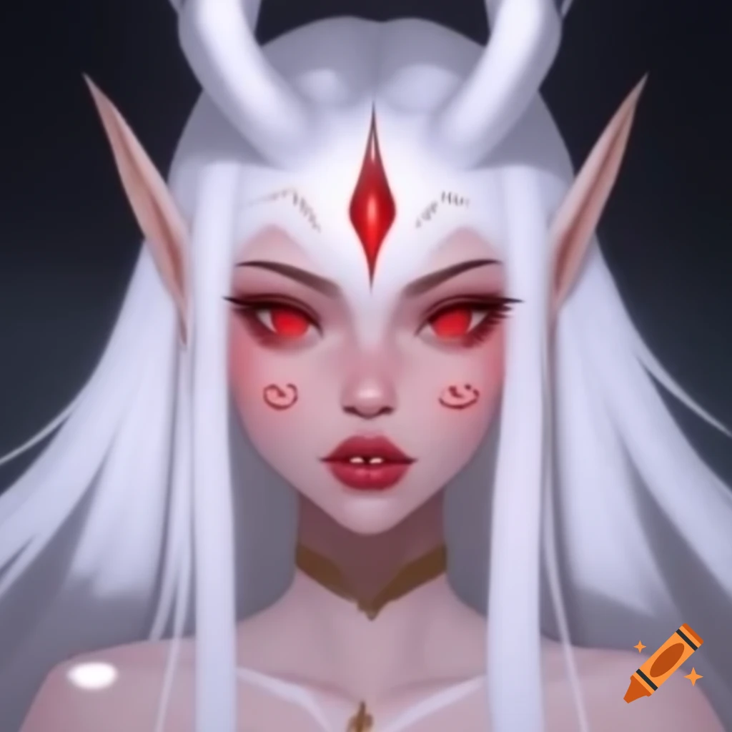 Detailed portrait of spirit goddess with white hair and red eyes on Craiyon