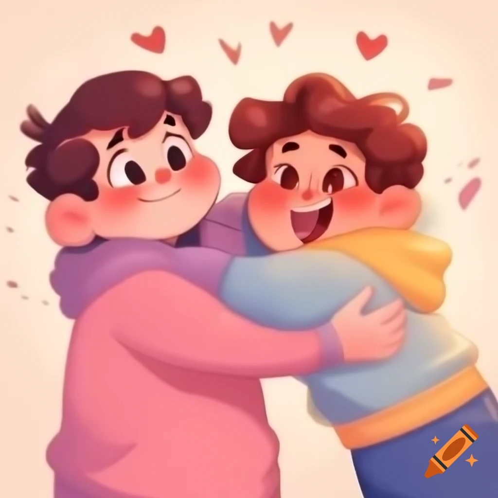 Cozy cartoon illustration of two cute characters hugging with glowing ...