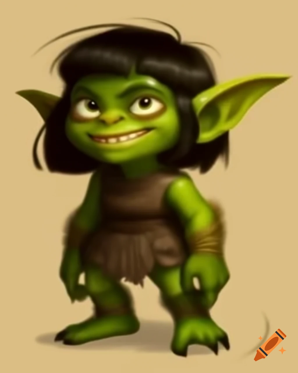 Green-skinned goblin girl with a wide smile on Craiyon