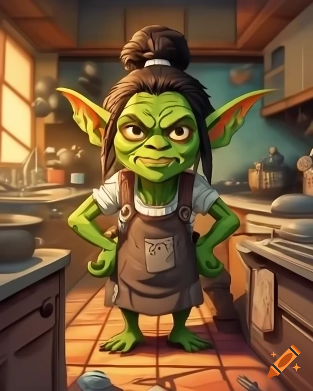 Green-skinned goblin girl in oversized kitchen wearing tattered apron ...