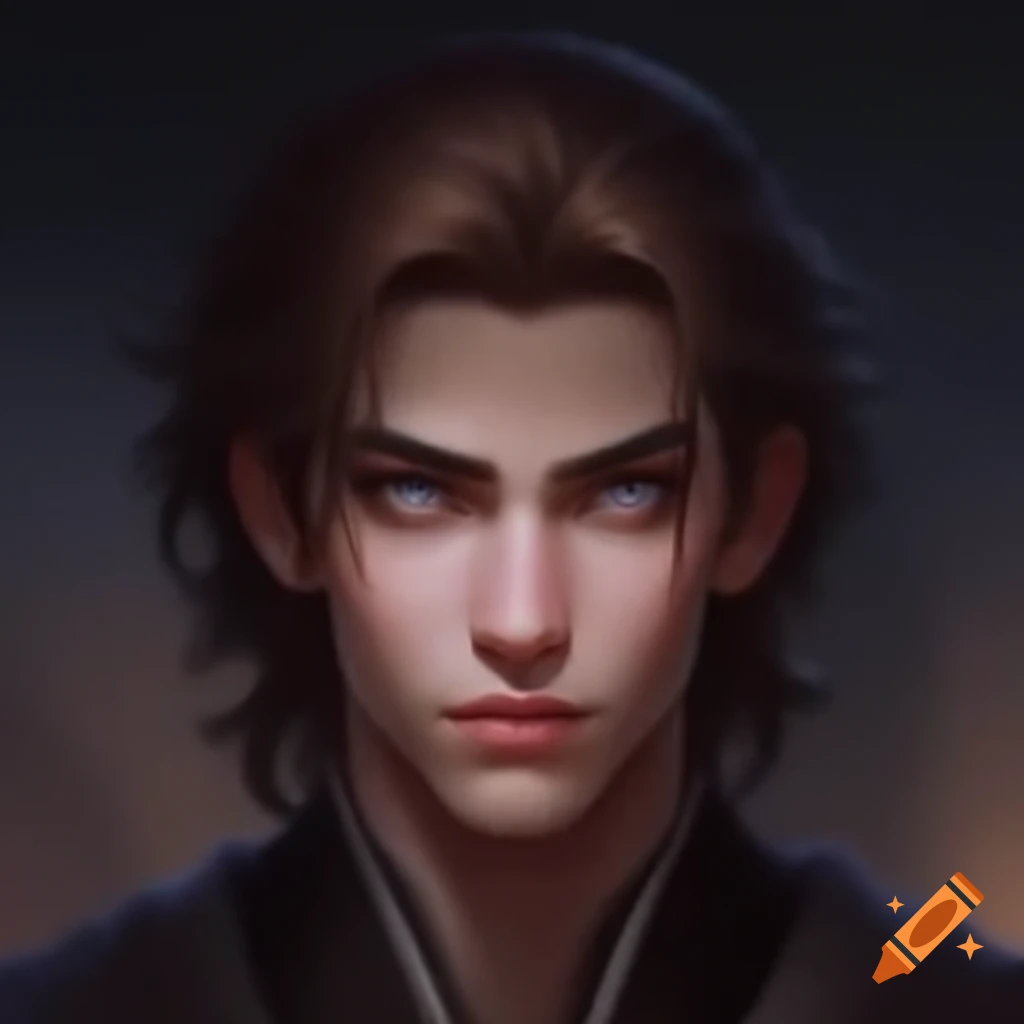 Young man with brown hair and silver eyes in dark auror robes on Craiyon