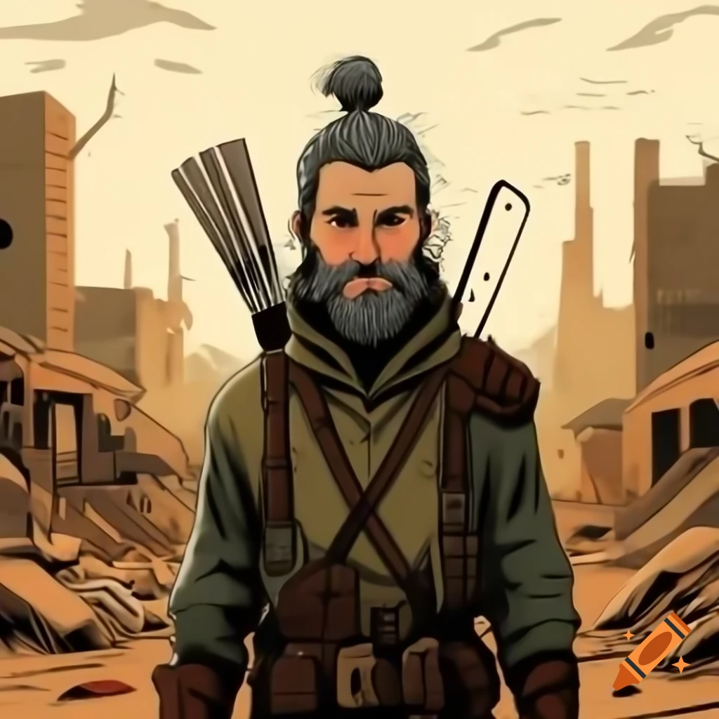 Bow hunter in hunting suit with quiver in post-apocalyptic city on Craiyon