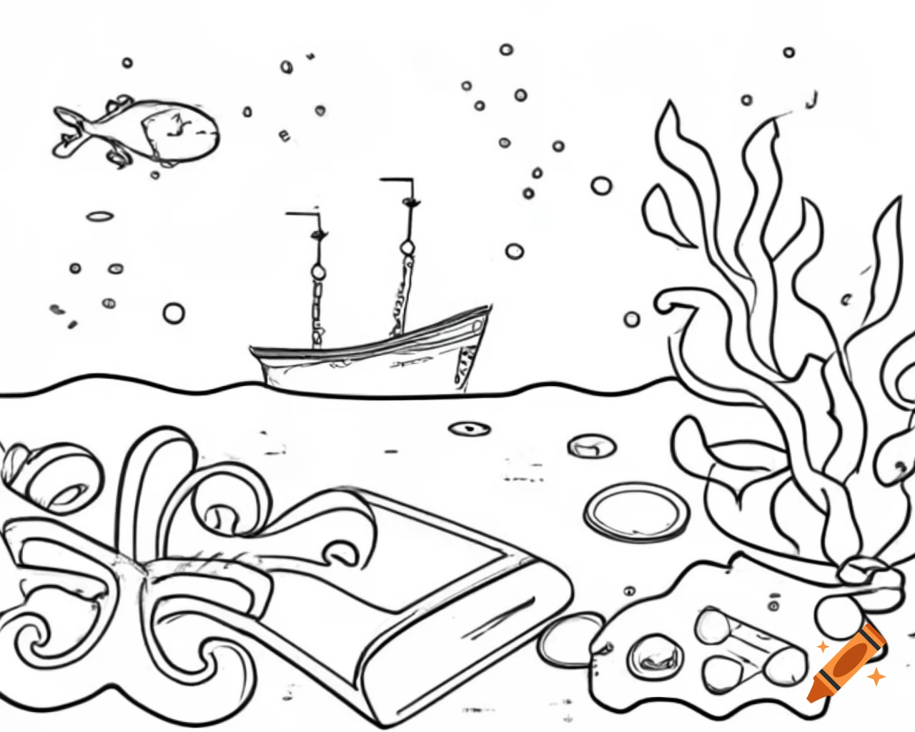 Outline drawing of underwater scene with sunken shipwreck and treasure ...