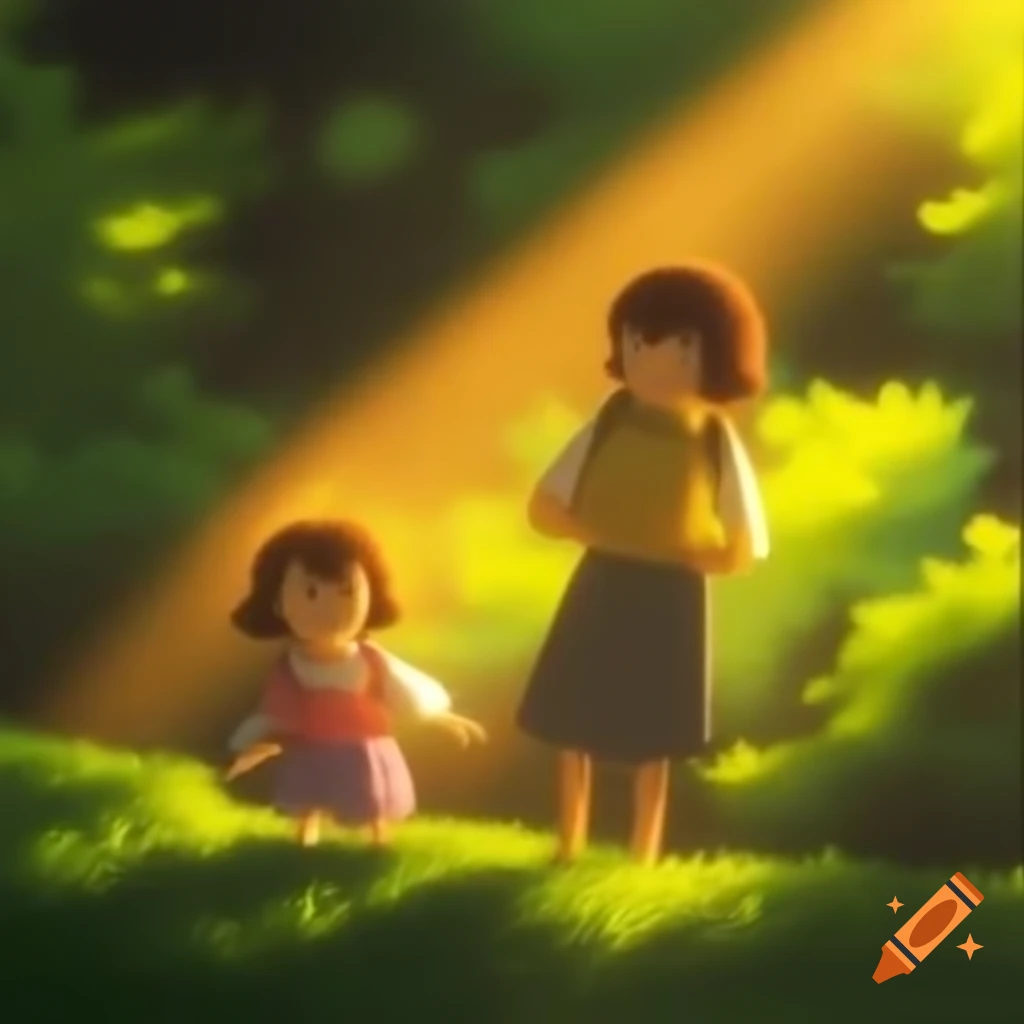 Two sisters exploring a magical park in Ghibli style with warm morning ...