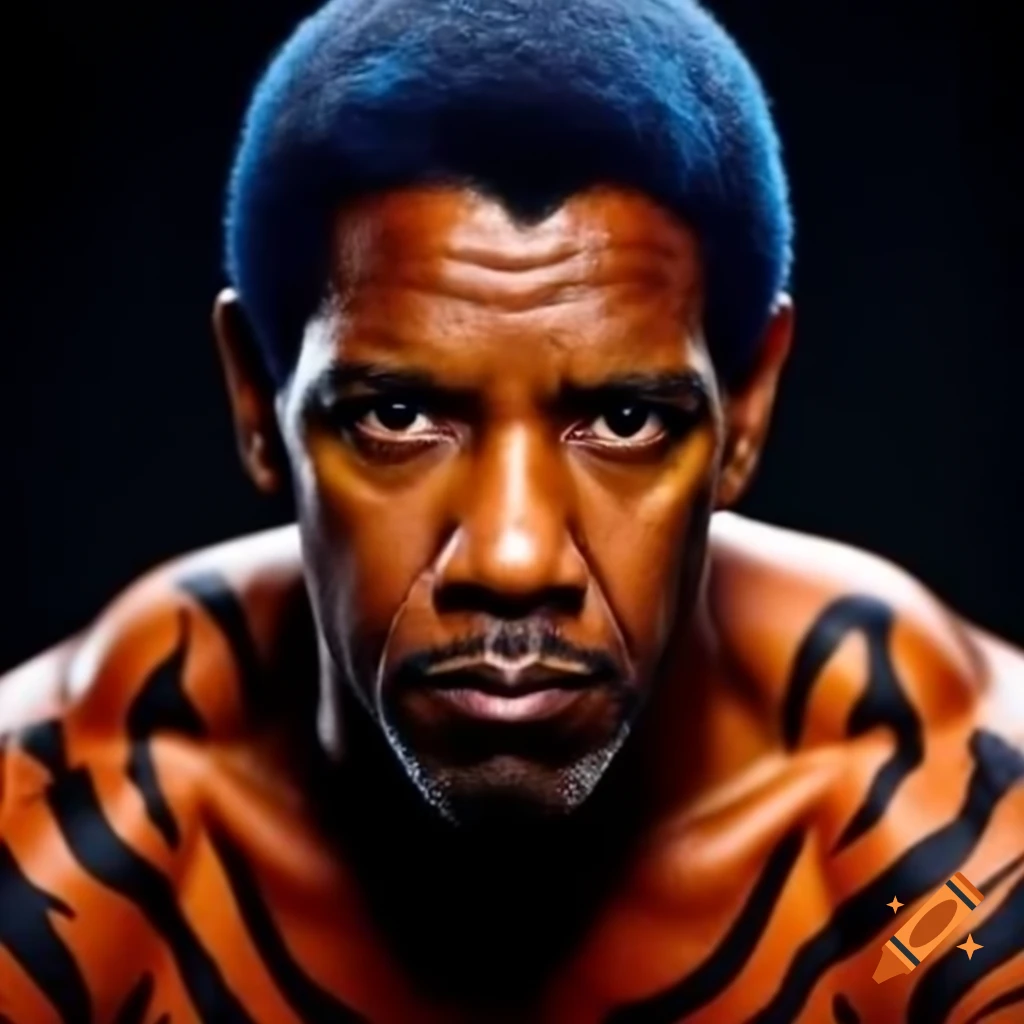 Muscular character with tiger-style makeup featuring blue hair and ...