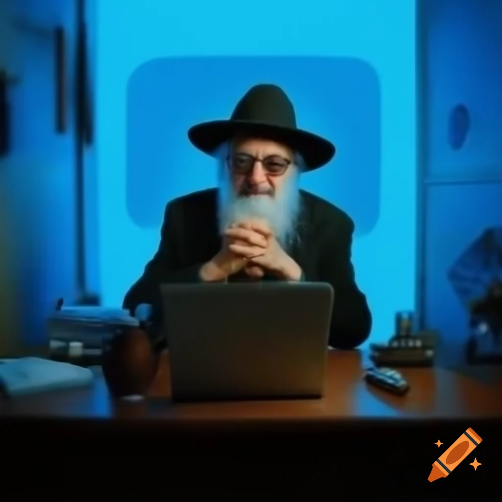 Man with traditional Jewish attire working at a laptop in a hacker room ...