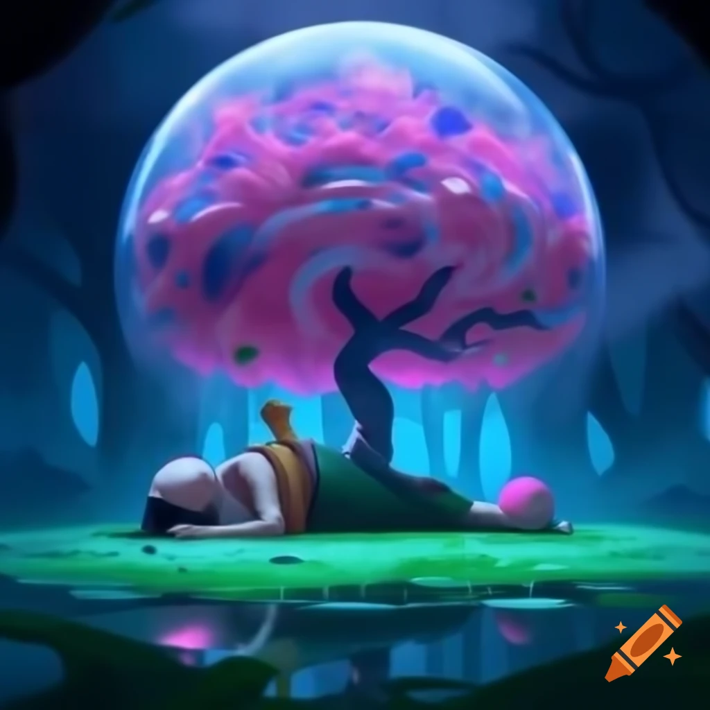 Person dreaming in grassy field with translucent dream bubble featuring cherry blossom tree and ...