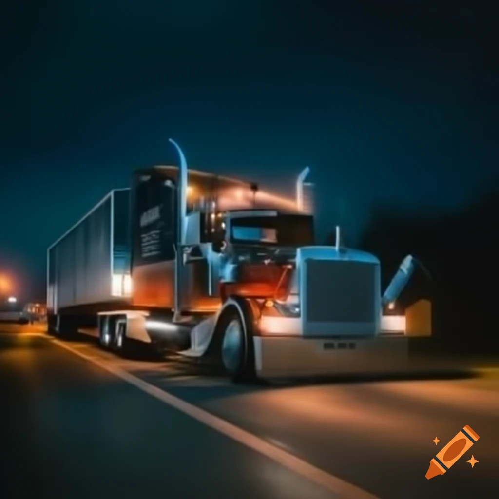 Realistic 18 wheeler truck at night on eerie road on Craiyon