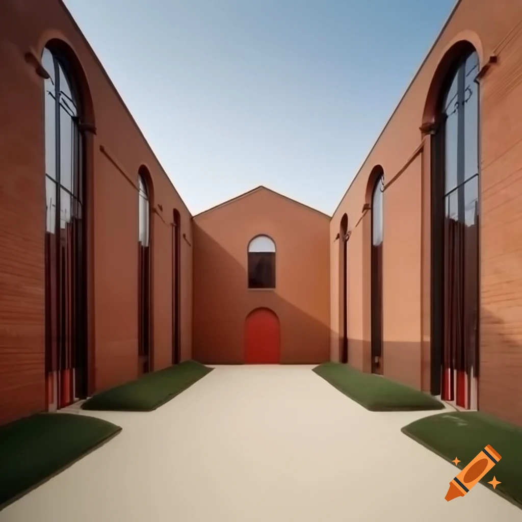 Roman-style chapel factory with alternating white and dark red bricked walls and arched windows ...