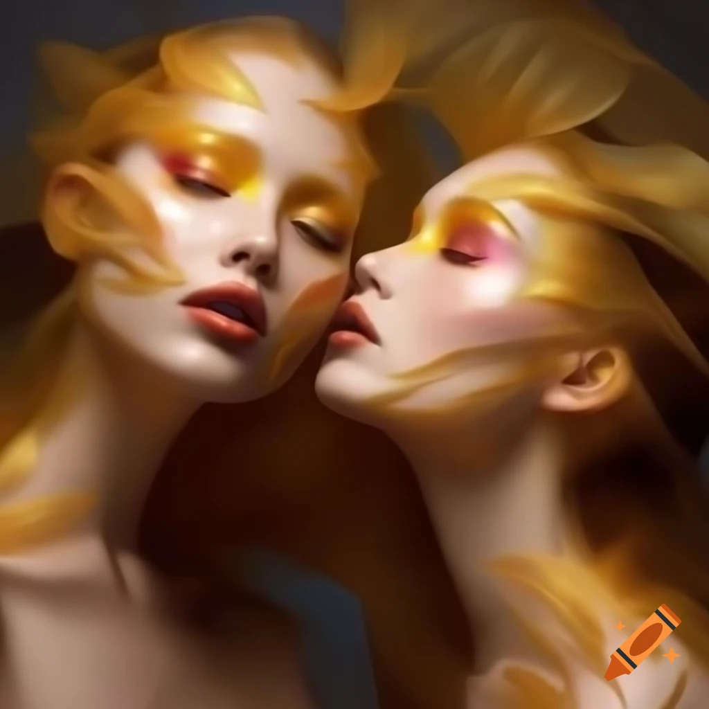 Surreal abstract of two human faces with multicolor golden fish in ...