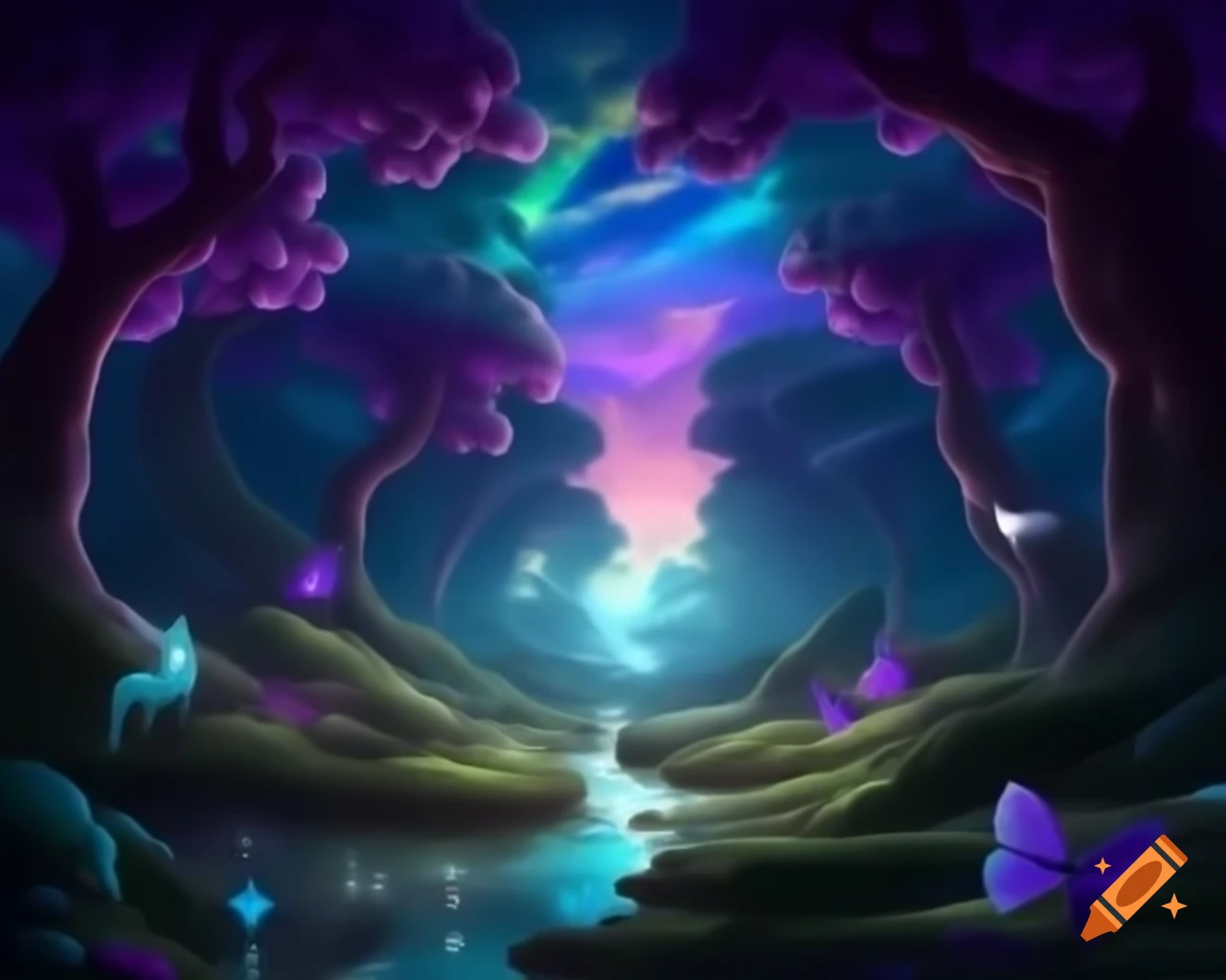 Mythical creatures in a mystical forest with tall trees on Craiyon