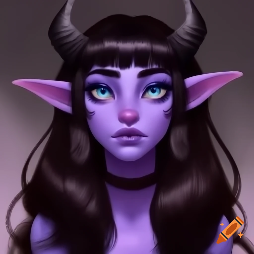 Tiefling character with lavender skin, brown hair, blue eyes, and black ...