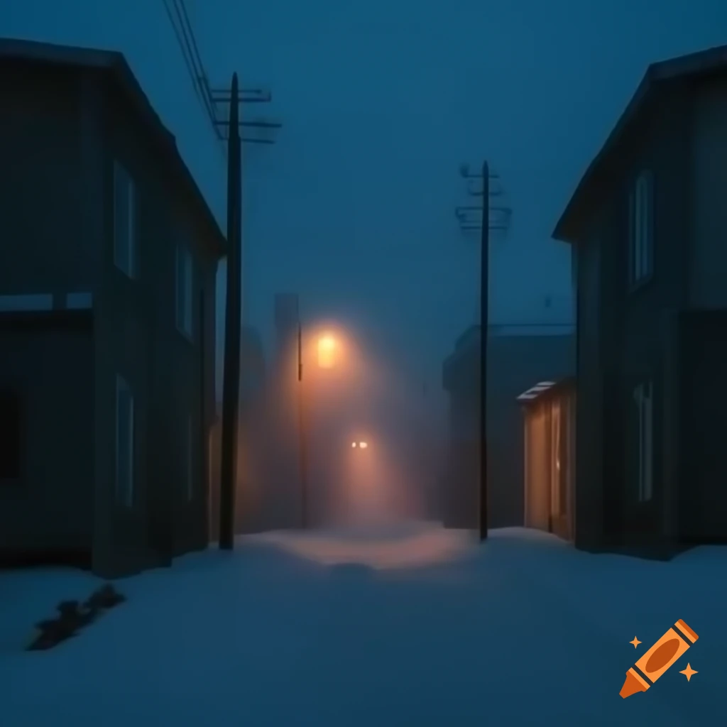 Winter evening in a snow-covered Russian town with dim streetlights on ...