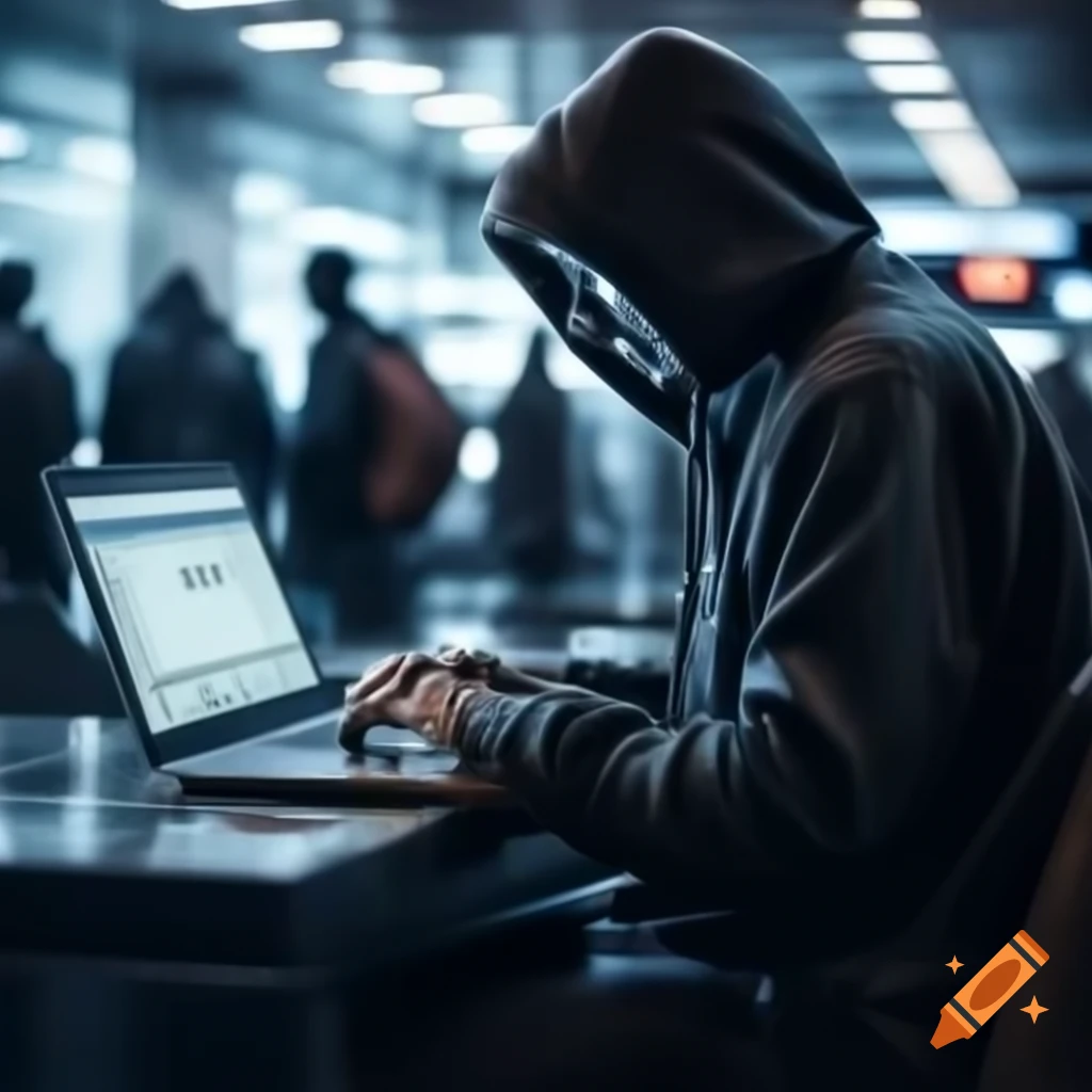 Hacker working on laptop with Linux terminal in public setting on Craiyon