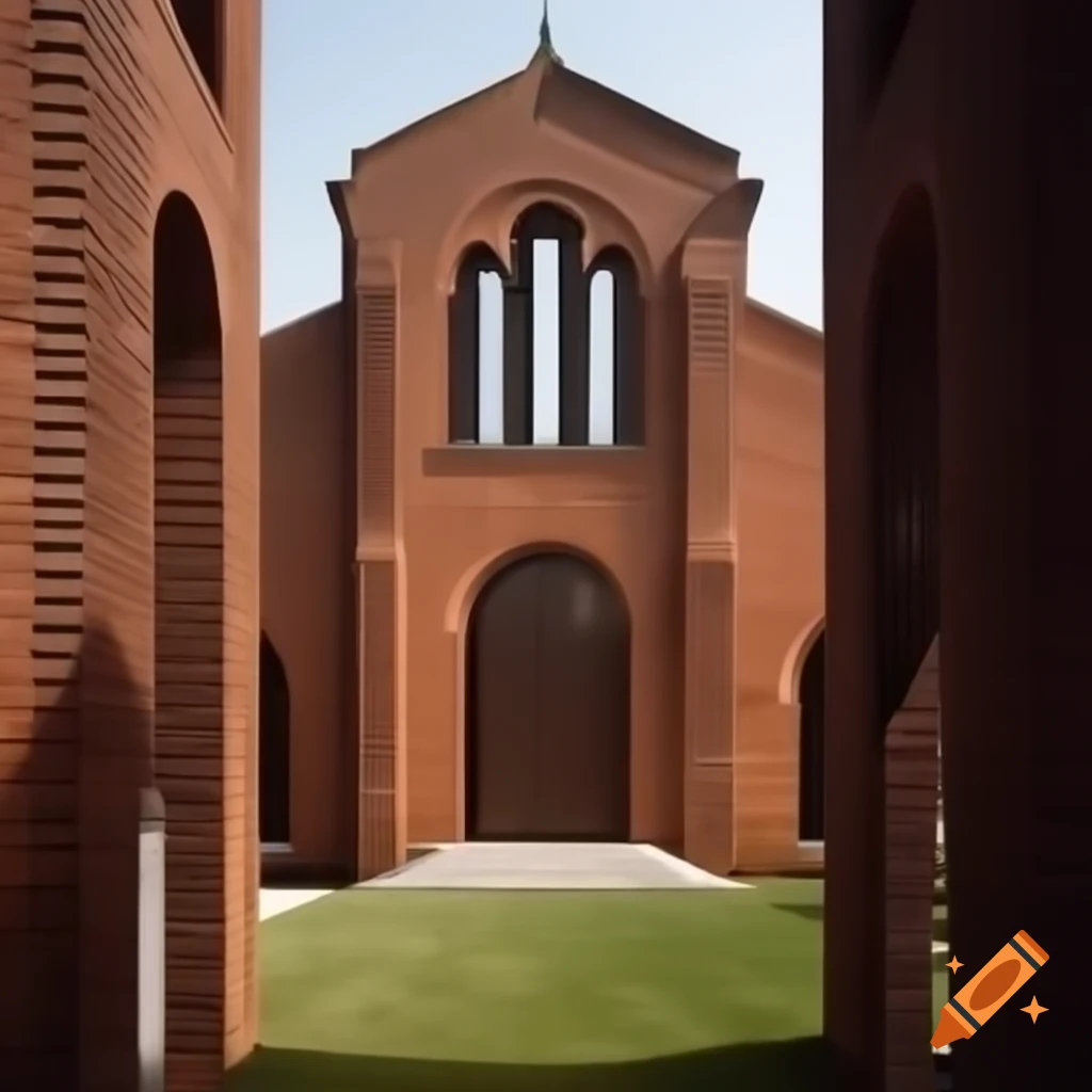 Roman-style chapel factory with alternating white and red bricks and tall arched windows on Craiyon