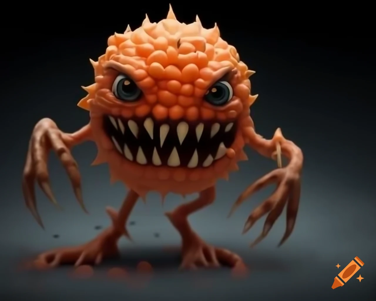 Scary orange fruit monster with human face and large teeth in kitchen ...