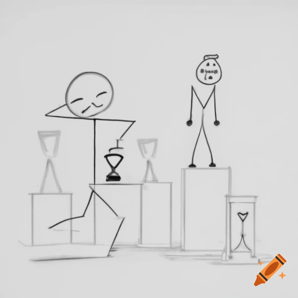 Pencil sketch of sad stick figure watching others win trophies on stage ...