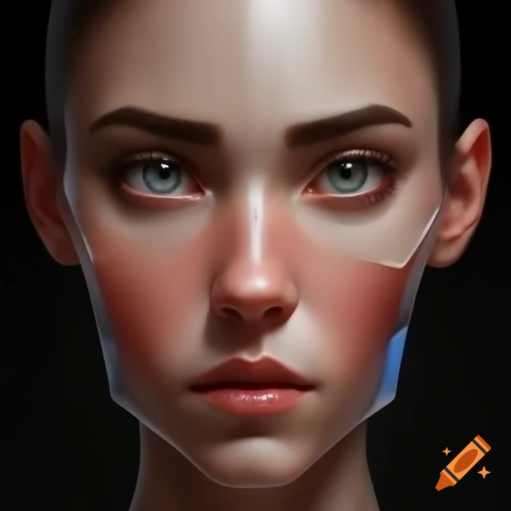 Realistic depiction of a woman with a cube-shaped head and angular ...