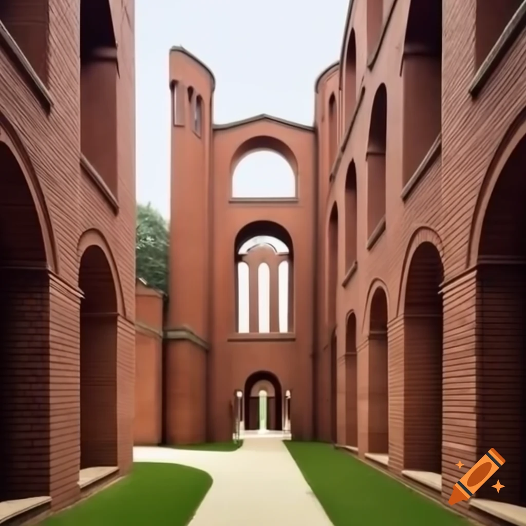 Roman-style chapel factory with alternating white and dark red brick walls and tall windows on ...