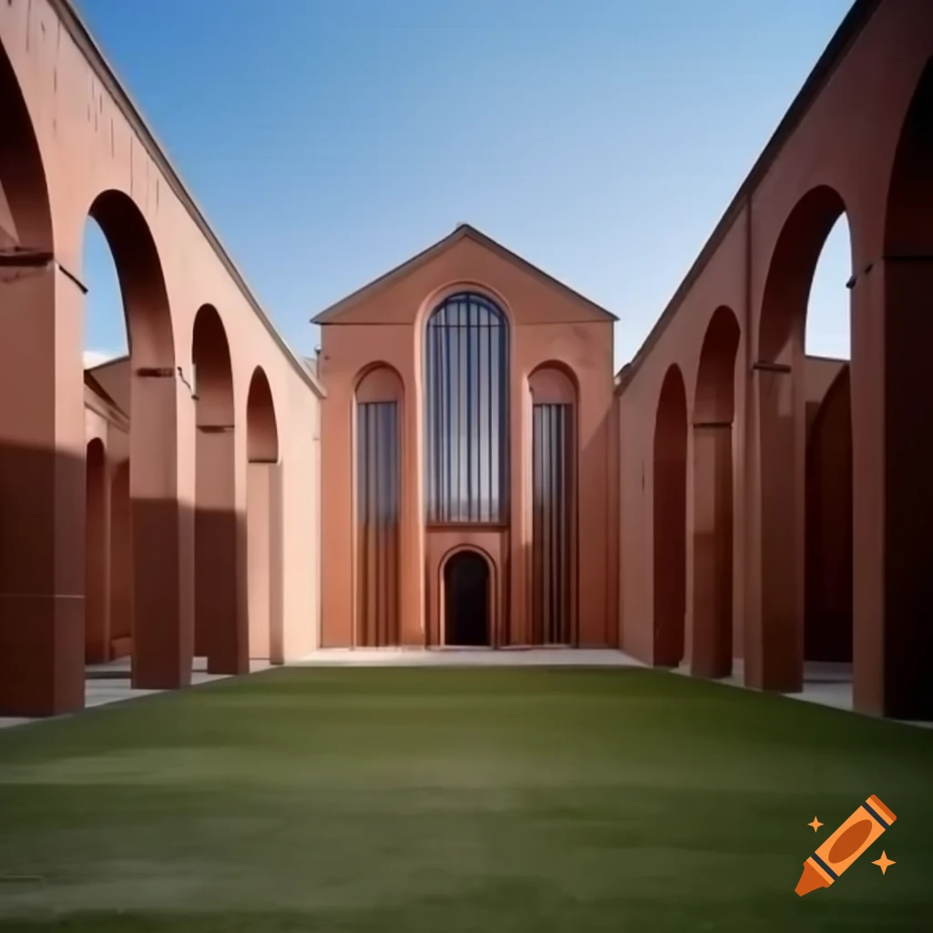 Roman-style chapel factory with alternating white and dark red brick walls and tall windows on ...