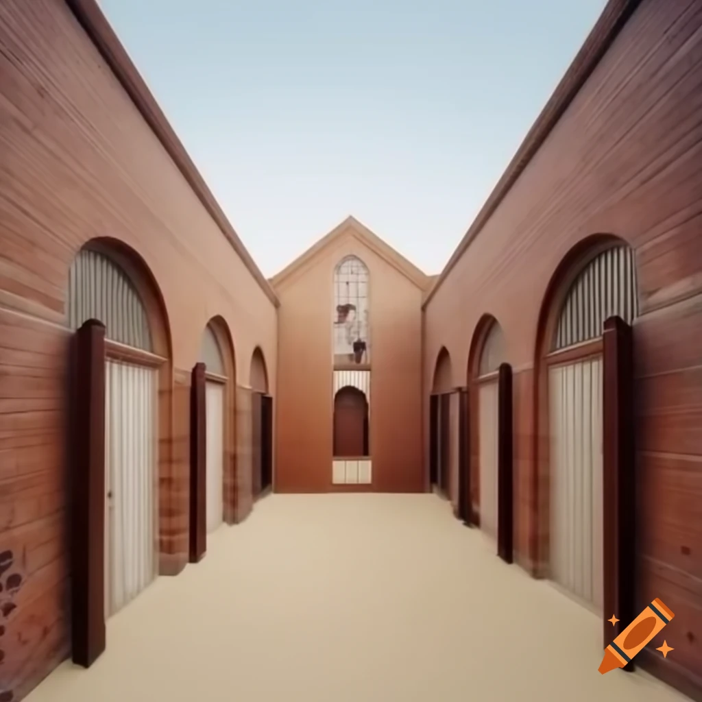 Roman-style chapel factory with alternating white and dark red bricked walls and arched windows ...