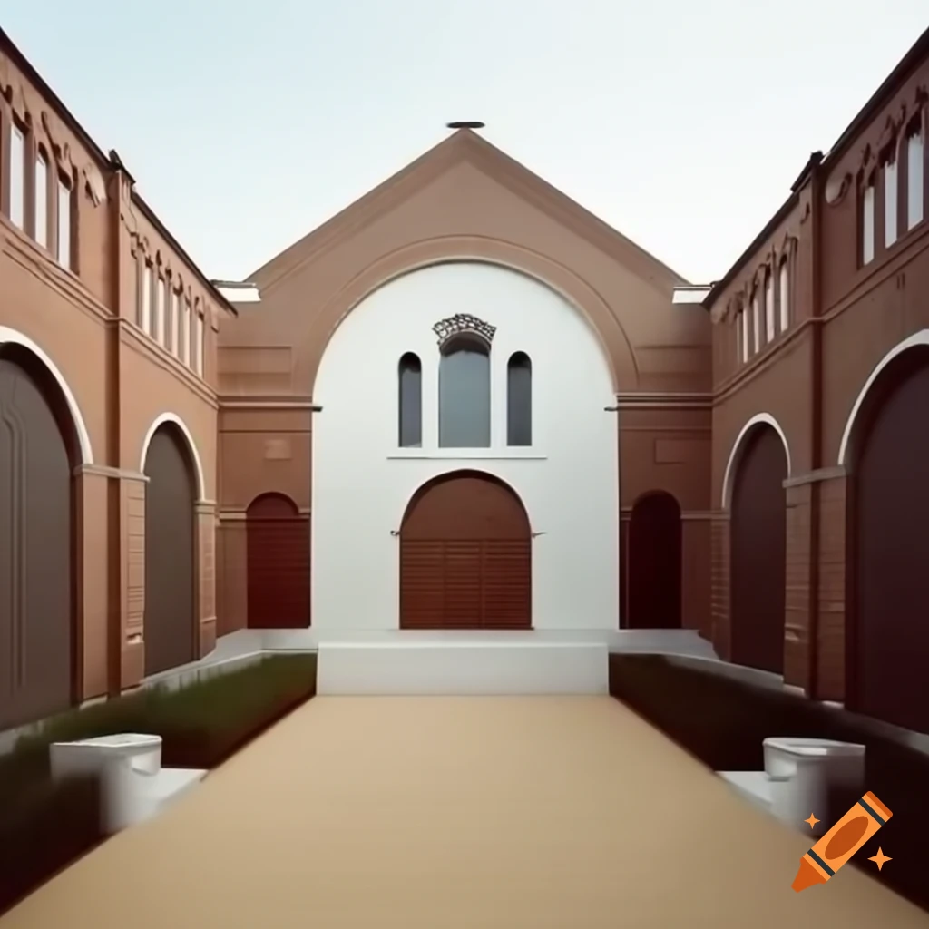 Roman-style chapel factory with alternating white and dark red brick walls and tall windows on ...