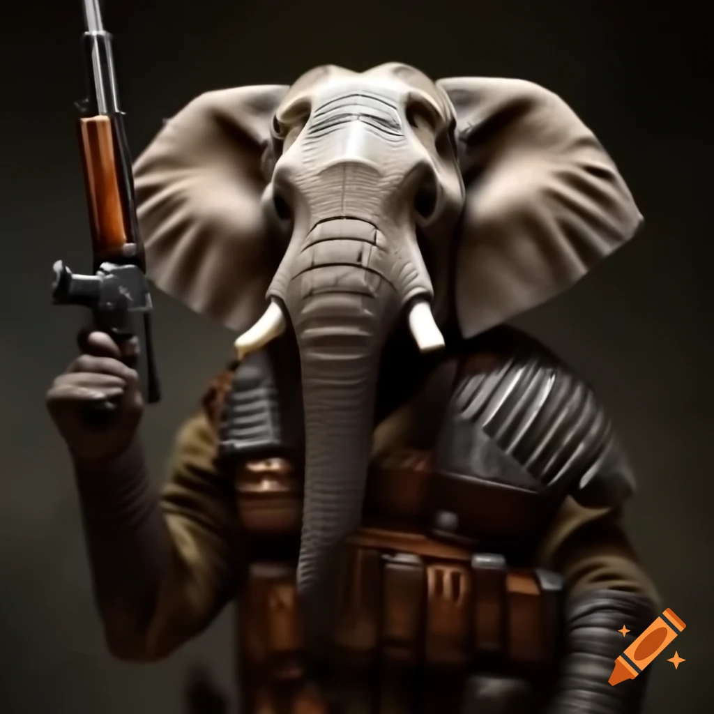 Warrior elephant holding a rifle in a stylized depiction on Craiyon