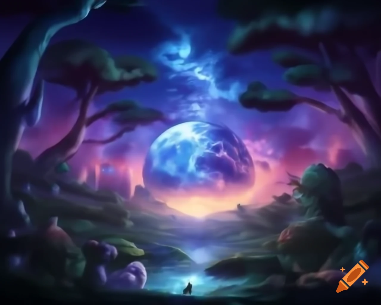 Mystical forest filled with mythical creatures and tall trees on Craiyon