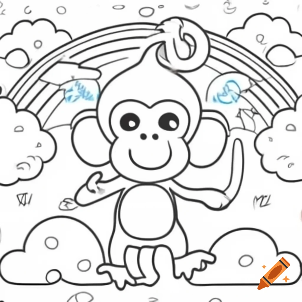 Cartoon coloring page featuring a cute monkey and a rainbow on Craiyon