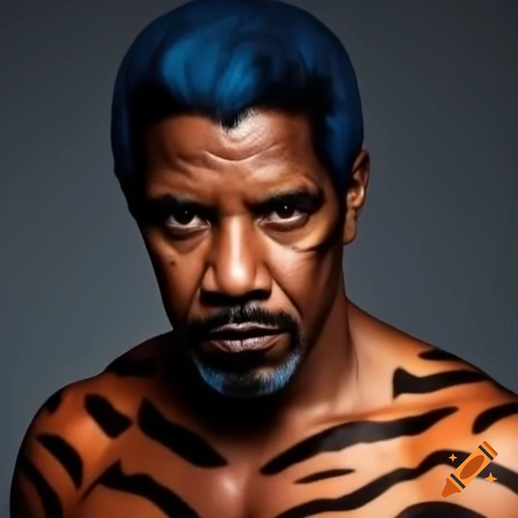 Muscular man with tiger-style makeup featuring blue hair and orange ...