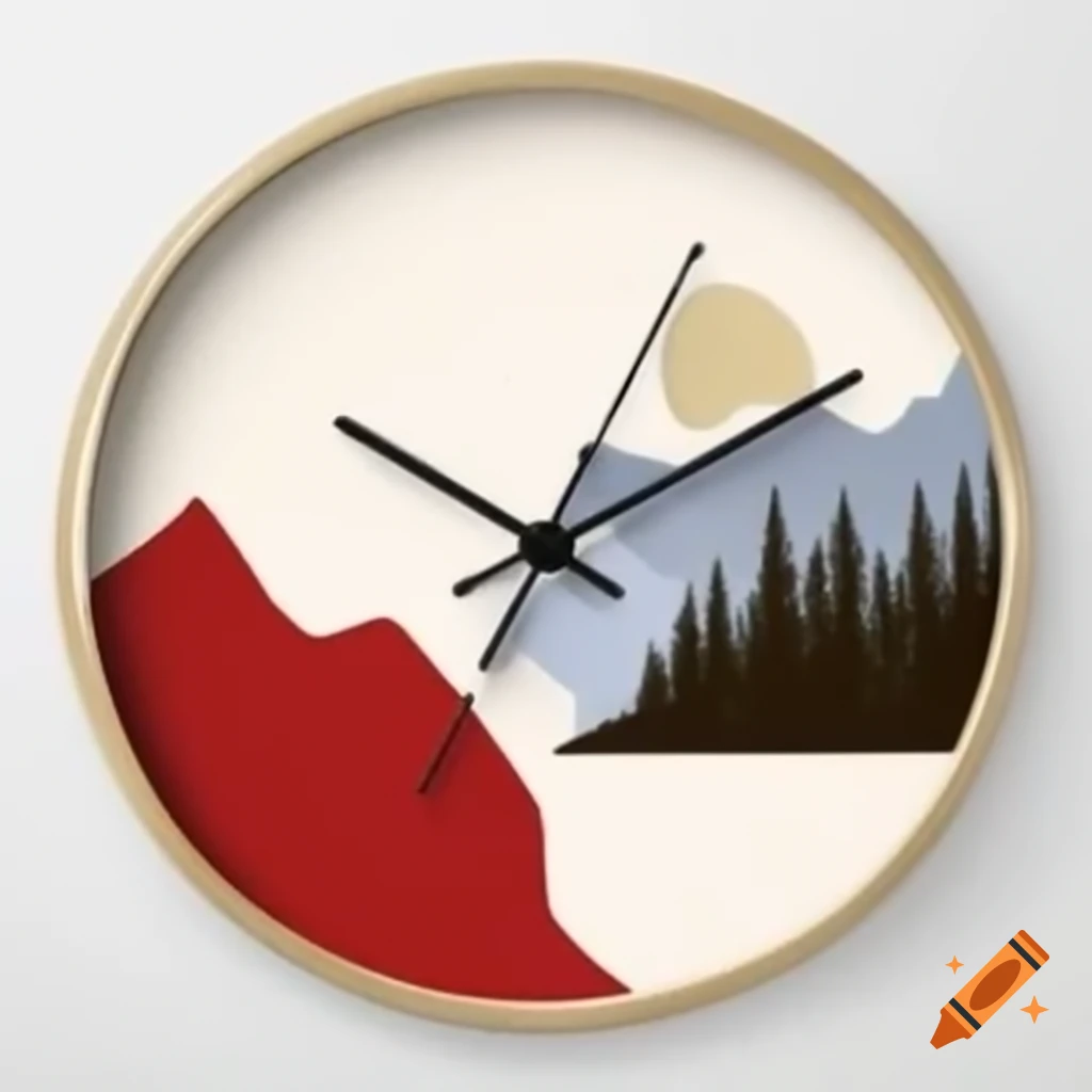 Minimalistic round clock face featuring mountain and trees, red, white ...