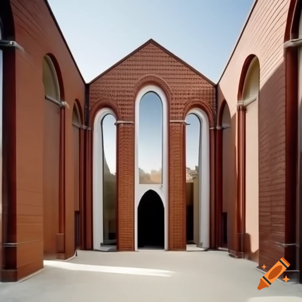 Roman-style chapel factory with alternating white and dark red brick ...