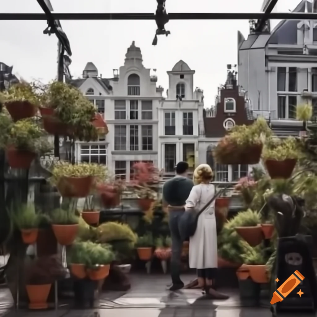 Rooftop garden terrace with potted flowered trees and two people ...