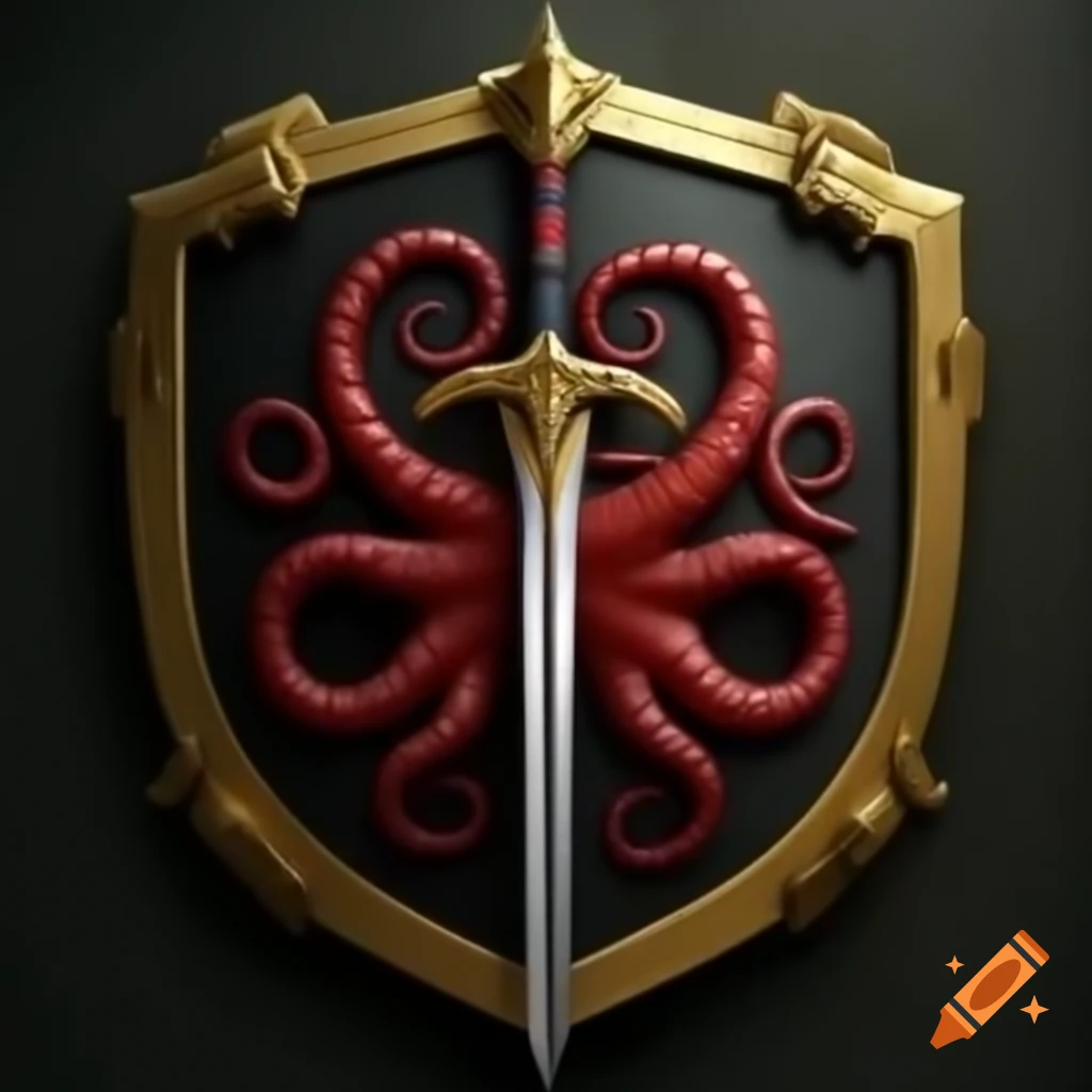 European style shield with fantasy emblem featuring gold scales and a ...