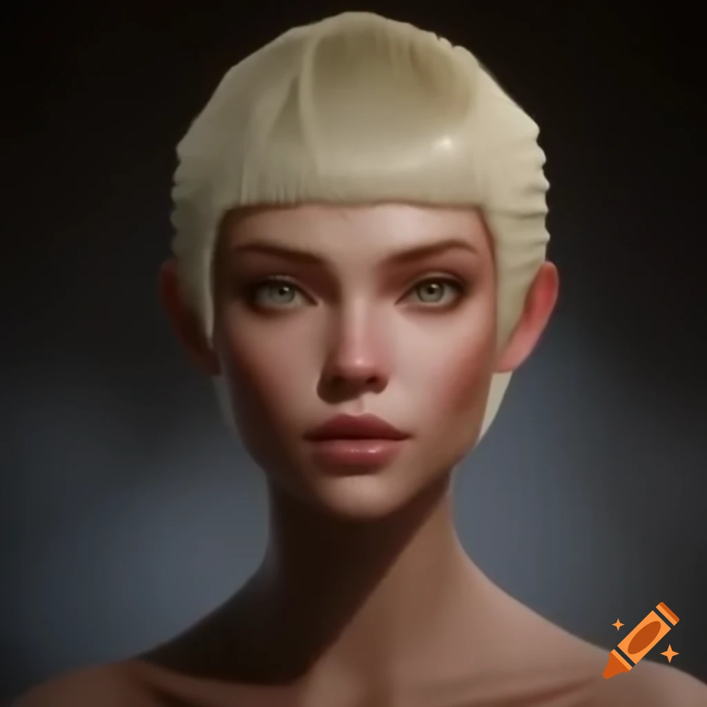 Realistic portrait of a woman with a cube-shaped head and blonde short ...