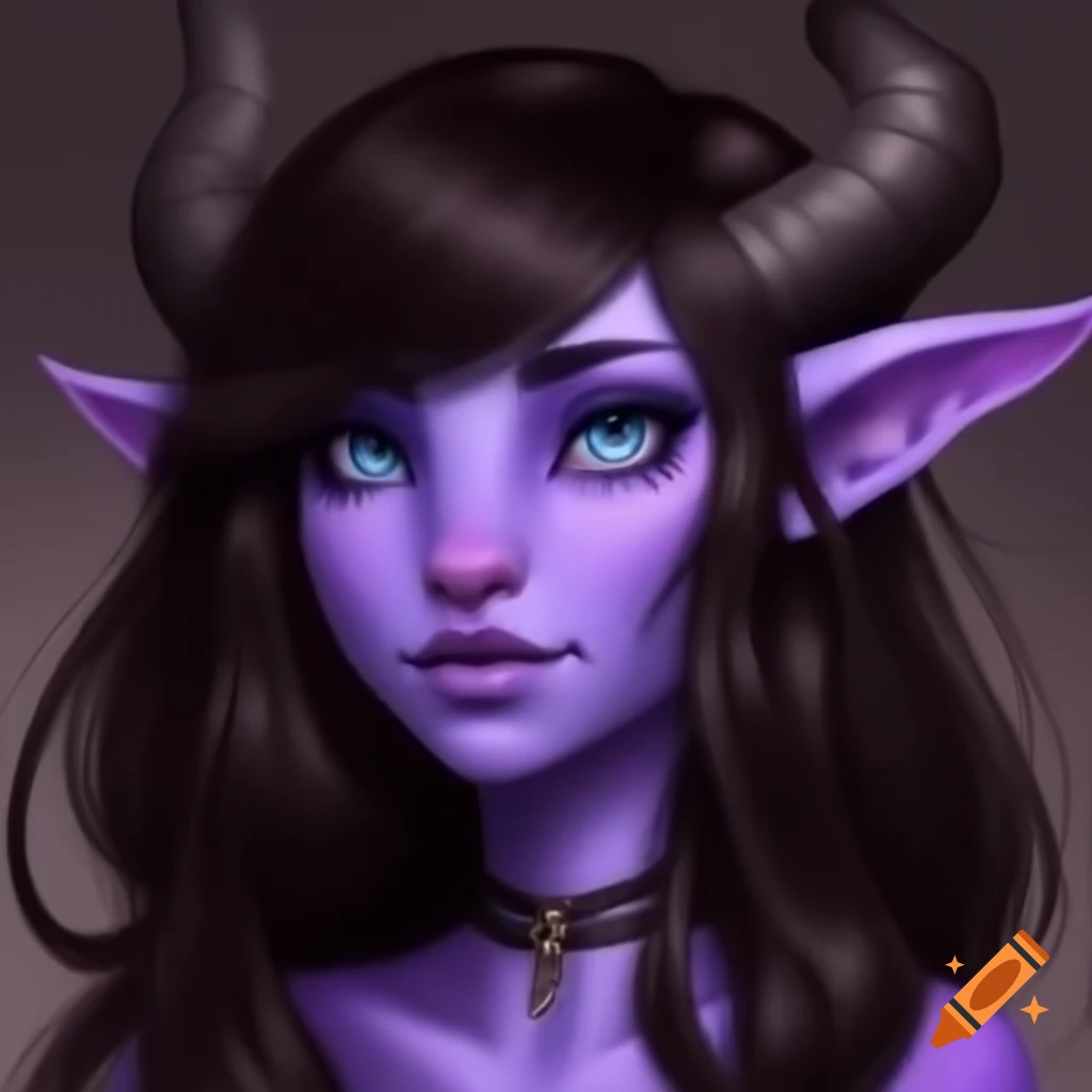 Tiefling character with lavender skin, brown hair, blue eyes, and black ...