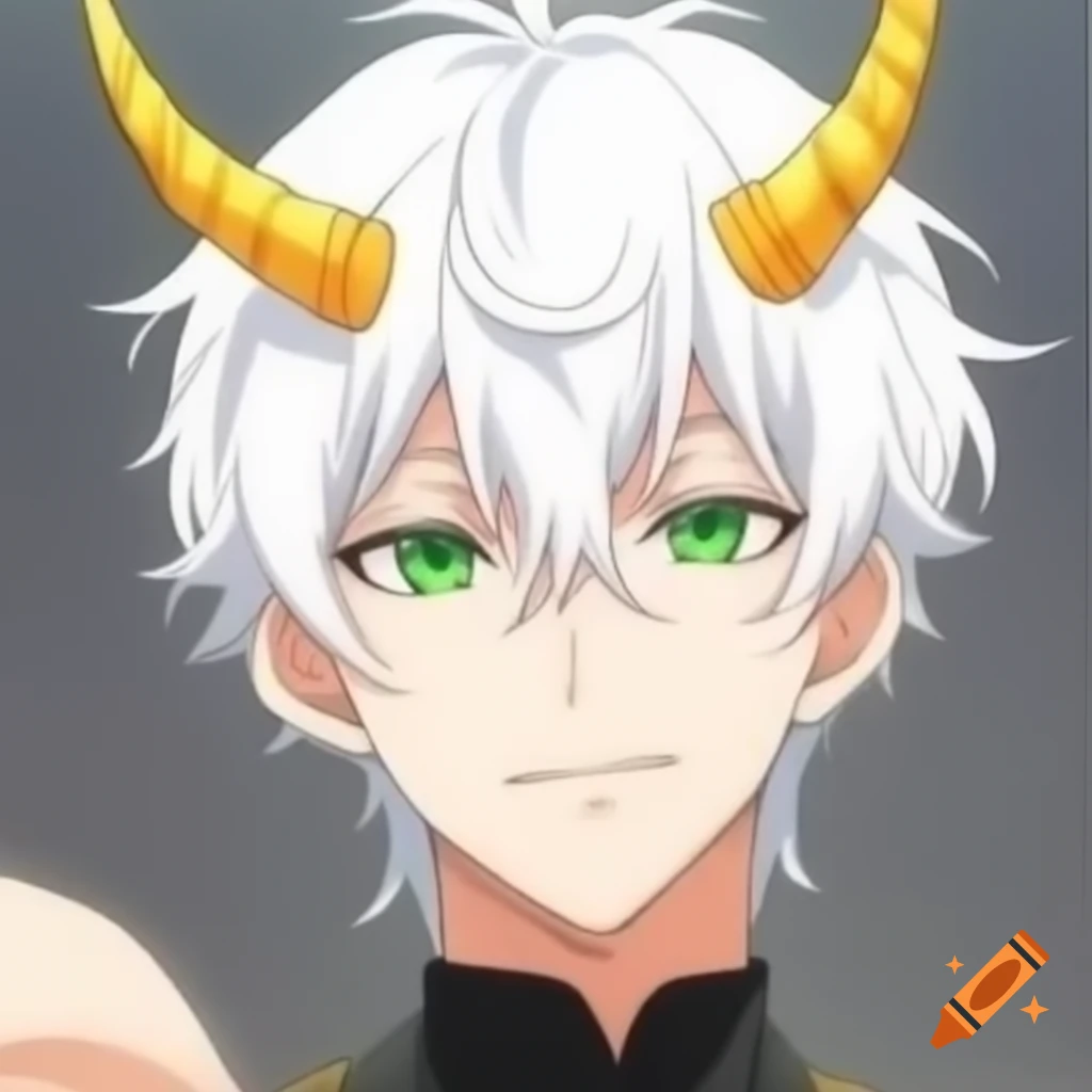 Anime character with gold horns and pointed ears, short white hair and ...