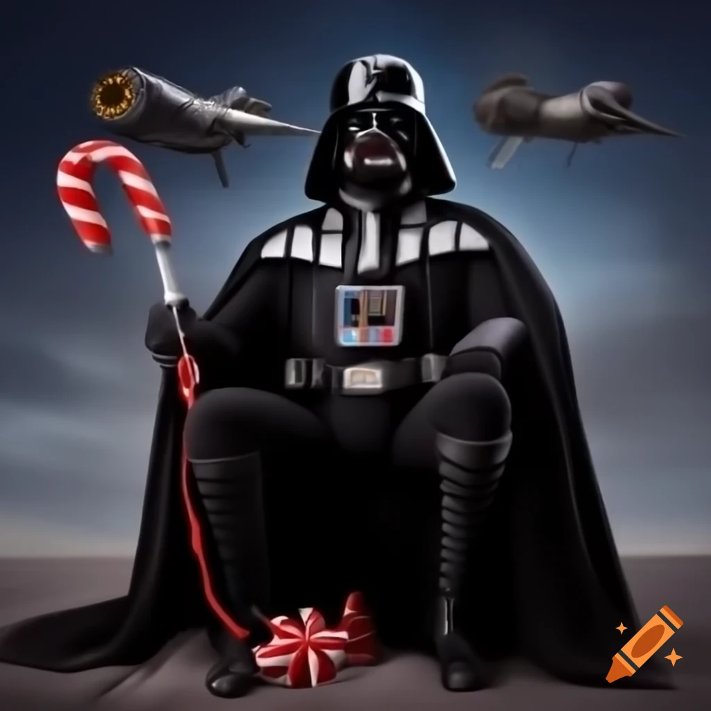Darth Vader as Santa with candy cane lightsaber in TIE fighter pulled ...
