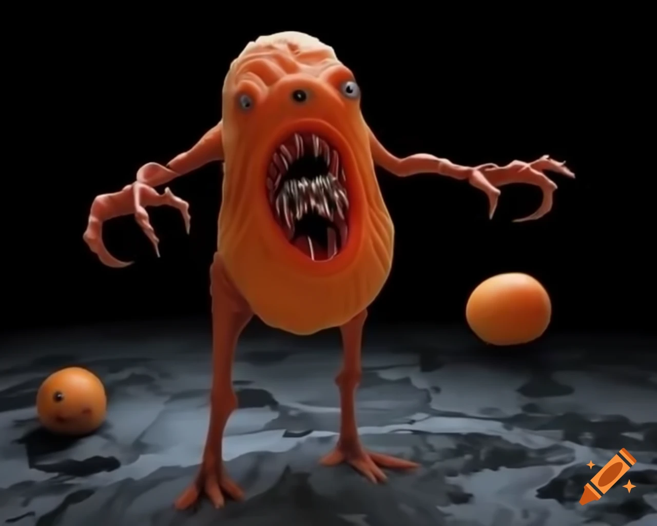 Scary orange fruit monster with human face and large teeth in kitchen ...