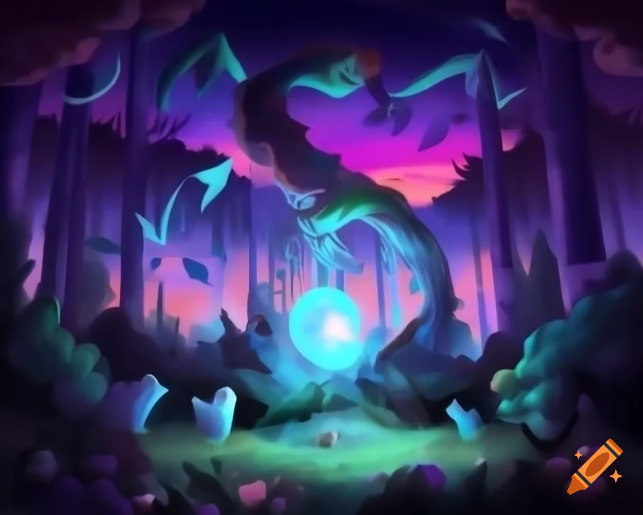 Enchanted forest with mythical creatures and tall trees on Craiyon