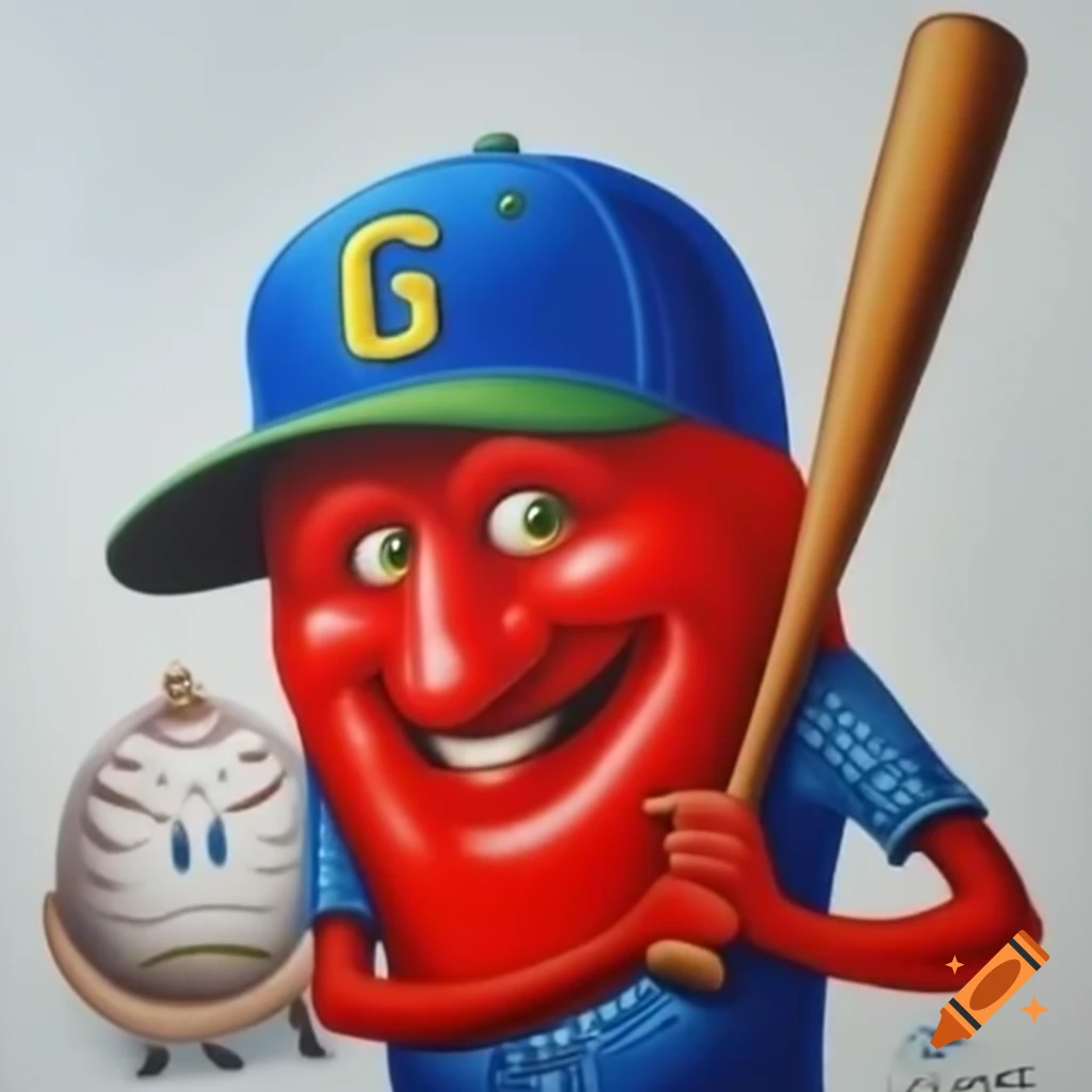 Jalapeño pepper in blue baseball cap smiling and holding baseball bat ...