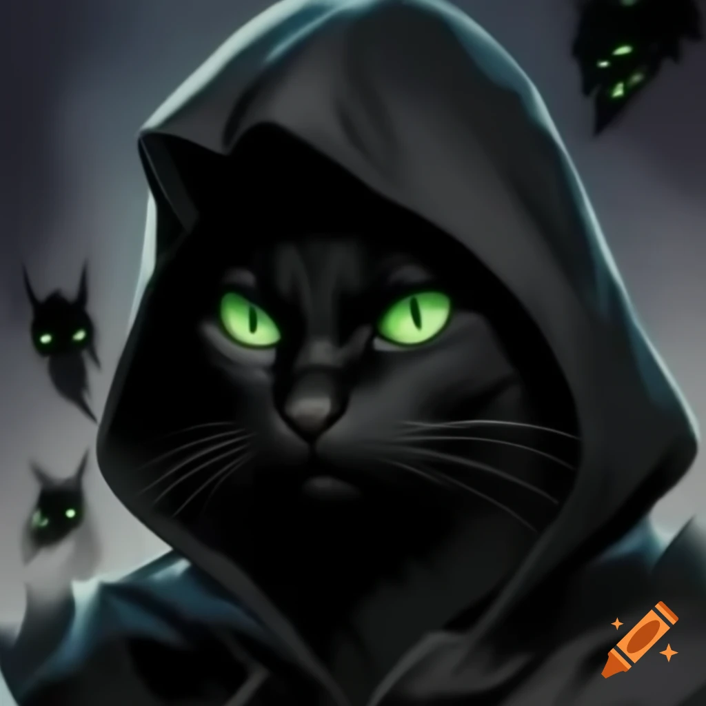 Black Shadow Cat with green eyes and hood summoning creatures, comic ...