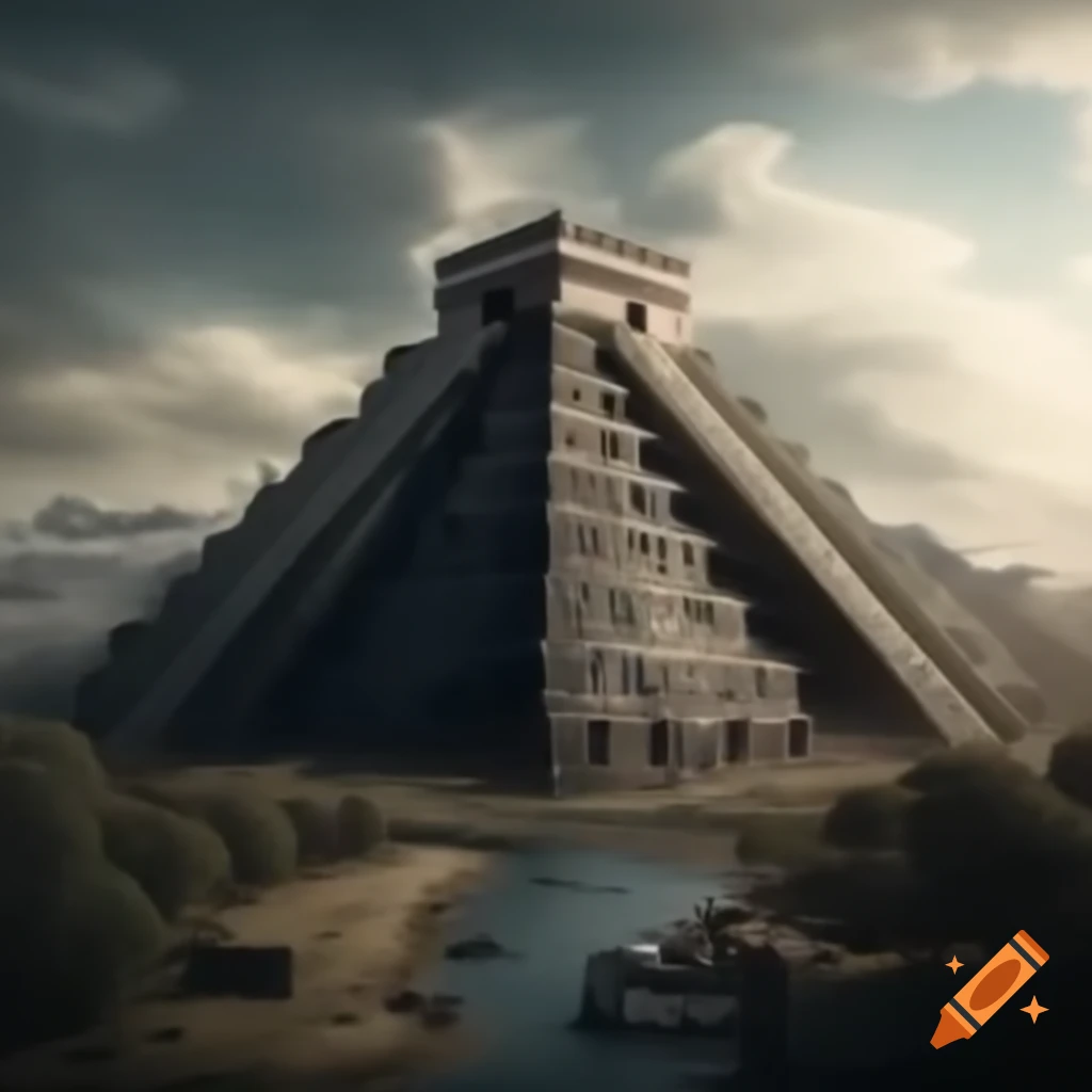 Dark pyramid on hill surrounded by canal in ancient city on Craiyon