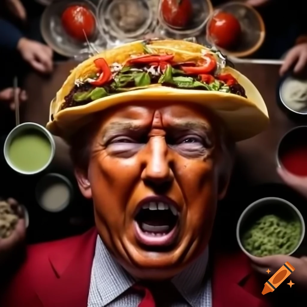 Satirical depiction of taco-shaped head of Trump surrounded by people ...