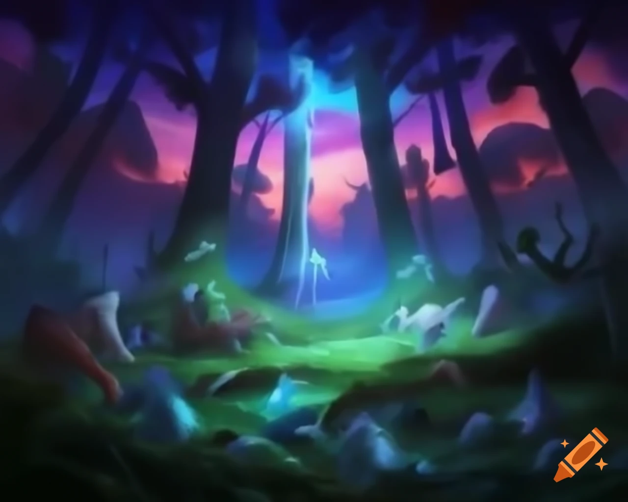 Enchanted mystical forest filled with mythical creatures and tall trees ...