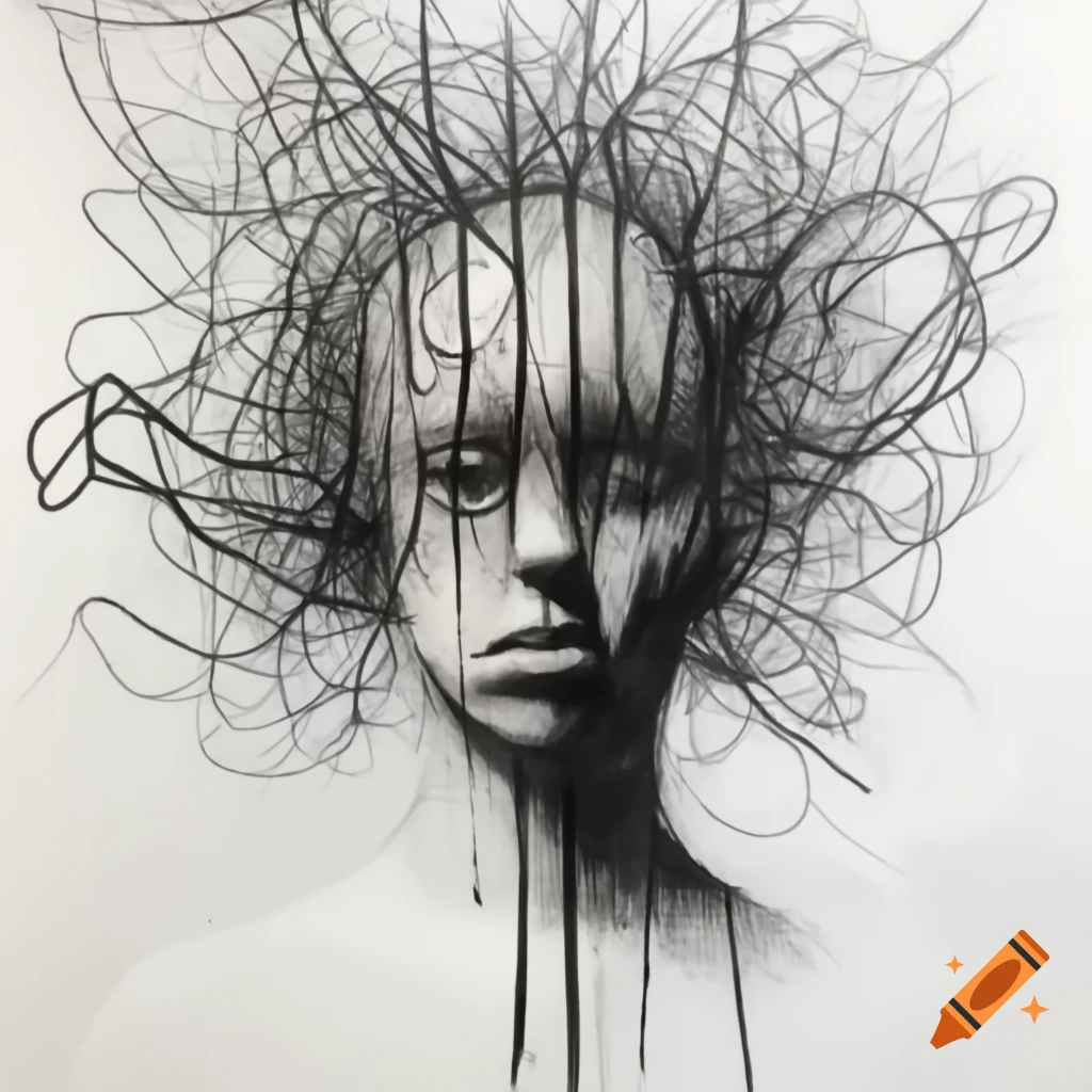 Expressive abstract sketch of a somber male head with swirling black ...