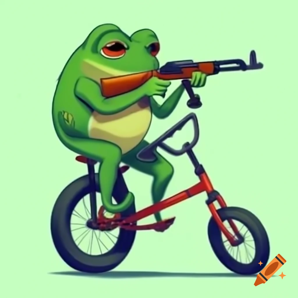 Anime frog on monocycle shooting with AK-47 on Craiyon