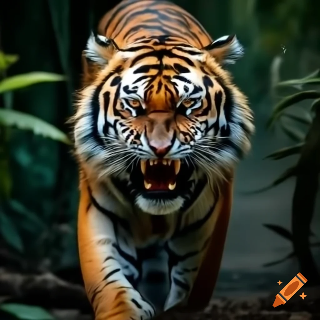 Fierce tiger in jungle with dramatic lighting and wild expression on ...