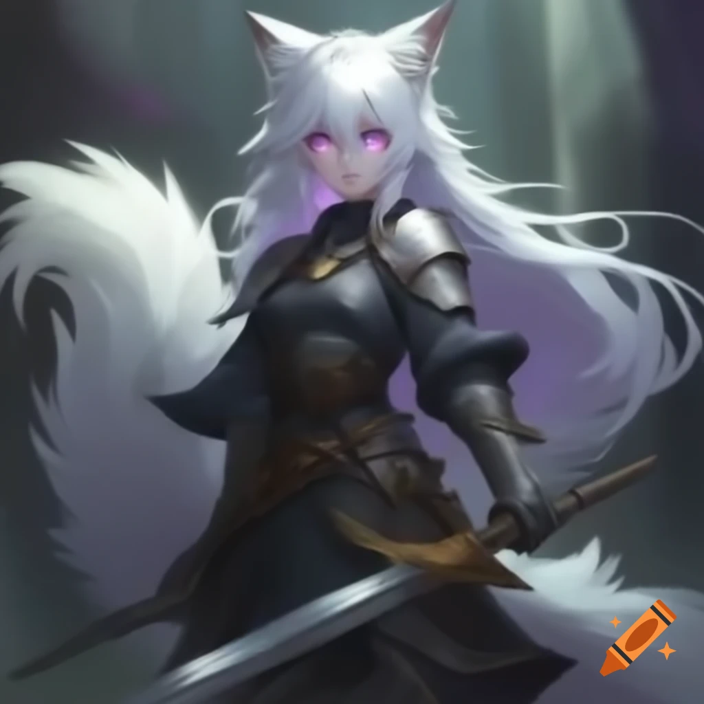 Woman with white hair and fox features in dark armor wielding a great ...