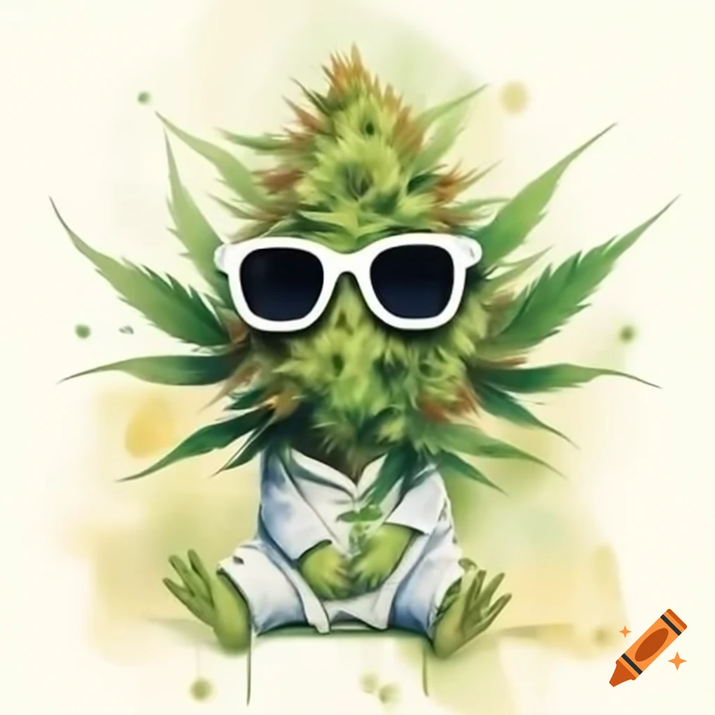 Cartoon cannabis character wearing white sunglasses and pajamas on Craiyon